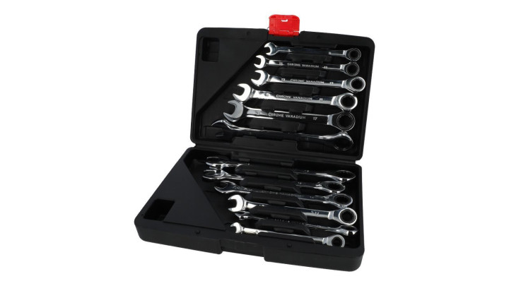 Open-end and ratchet ring wrench set 12-piece, 8-19mm